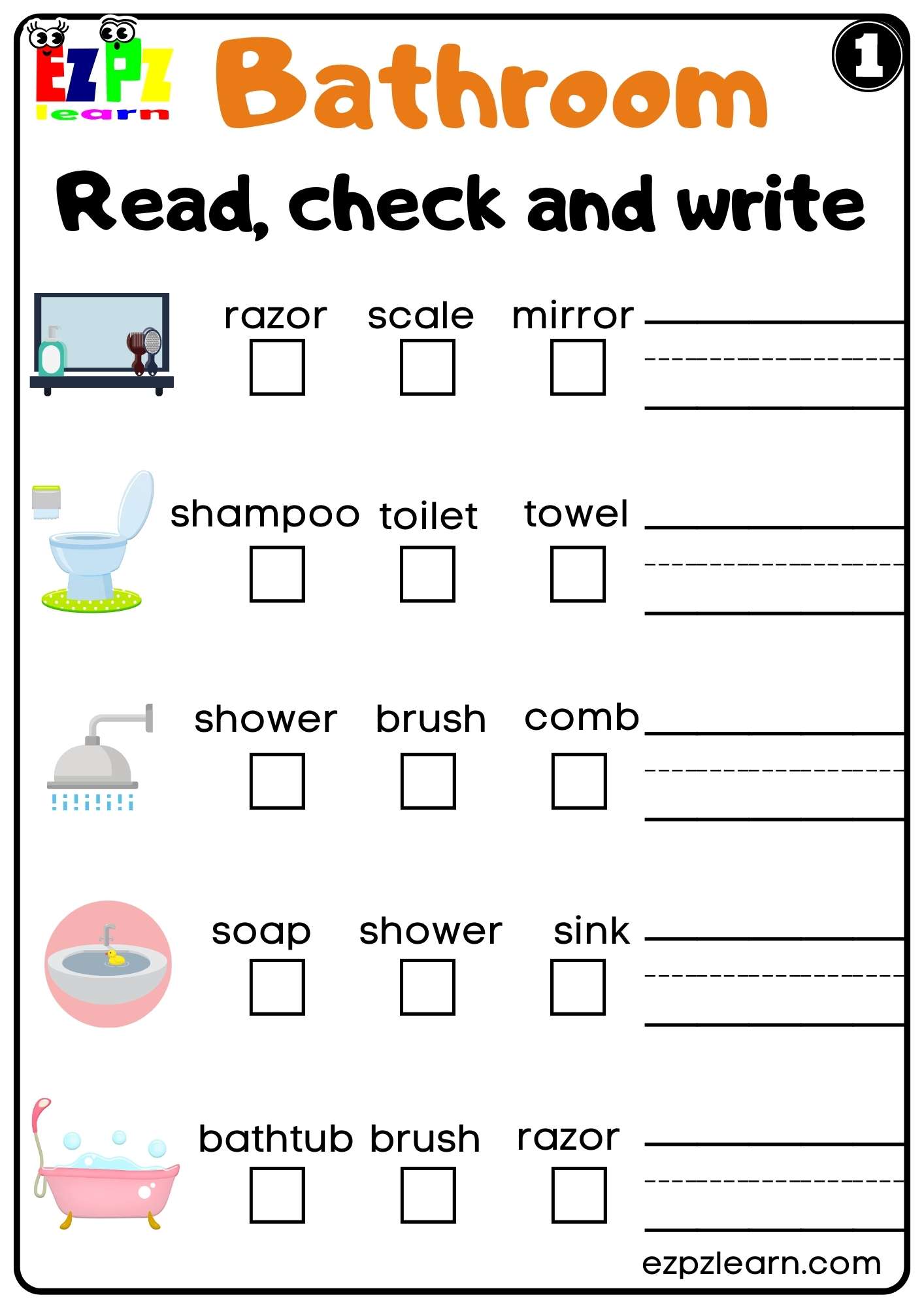 Bathroom Read Check and Write Worksheet for Kids K5 and ESL Free PDF Download Set 1 - Ezpzlearn.com
